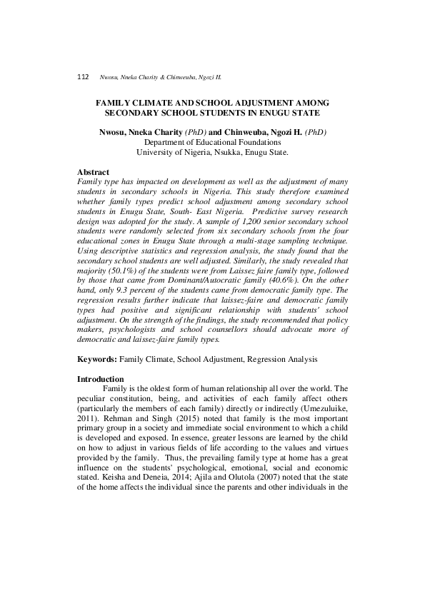 (PDF) Family Climate and School Adjustment Among Secondary School ...