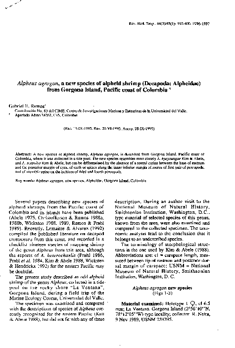 (PDF) Alpheus agrogon, a new species of alpheid shrimp (Decapoda ...