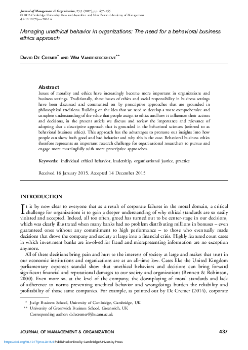 (PDF) Managing unethical behavior in organizations: The need for a behavioral business ethics ...