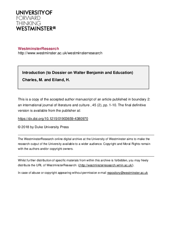 (PDF) Introduction (to Dossier on Walter Benjamin and Education)