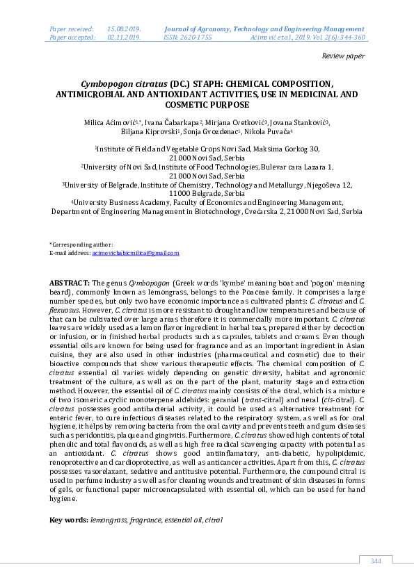 (PDF) Cymbopogon citratus (DC.) STAPH: CHEMICAL COMPOSITION ...