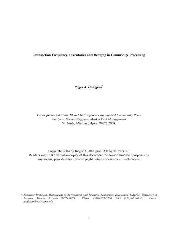 (PDF) Transaction Frequency, Inventories and Hedging in Commodity Processing