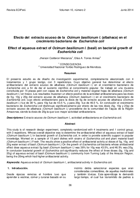 (PDF) Efecto del extracto acuoso de la Ocimum basilicnum l. (albahaca ...