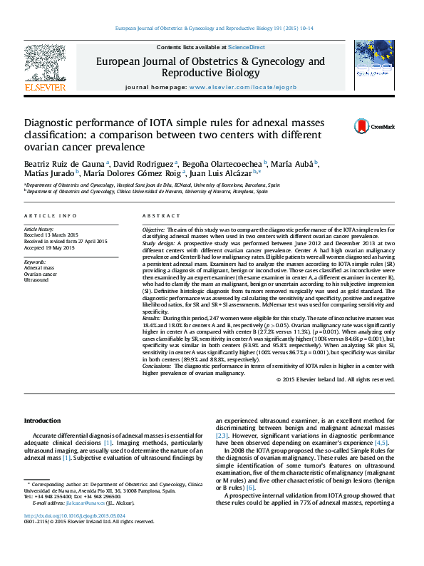 (PDF) Diagnostic performance of IOTA simple rules for adnexal masses ...