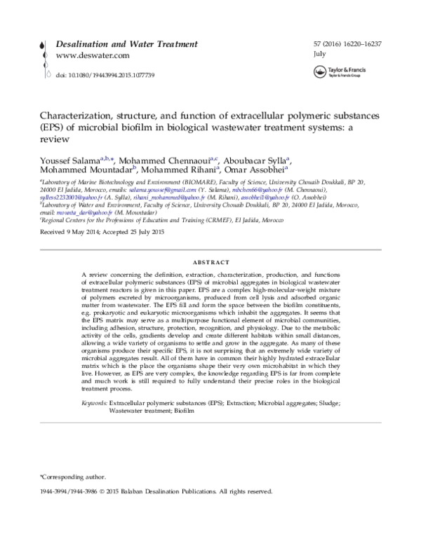 (PDF) Characterization, structure, and function of extracellular polymeric substances (EPS) of ...