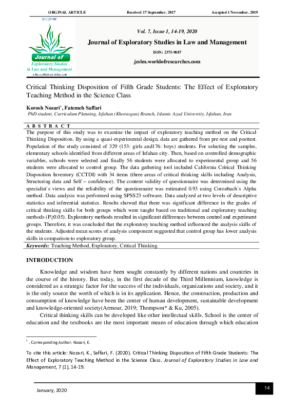 (PDF) Critical Thinking Disposition of Fifth Grade Students: The Effect ...