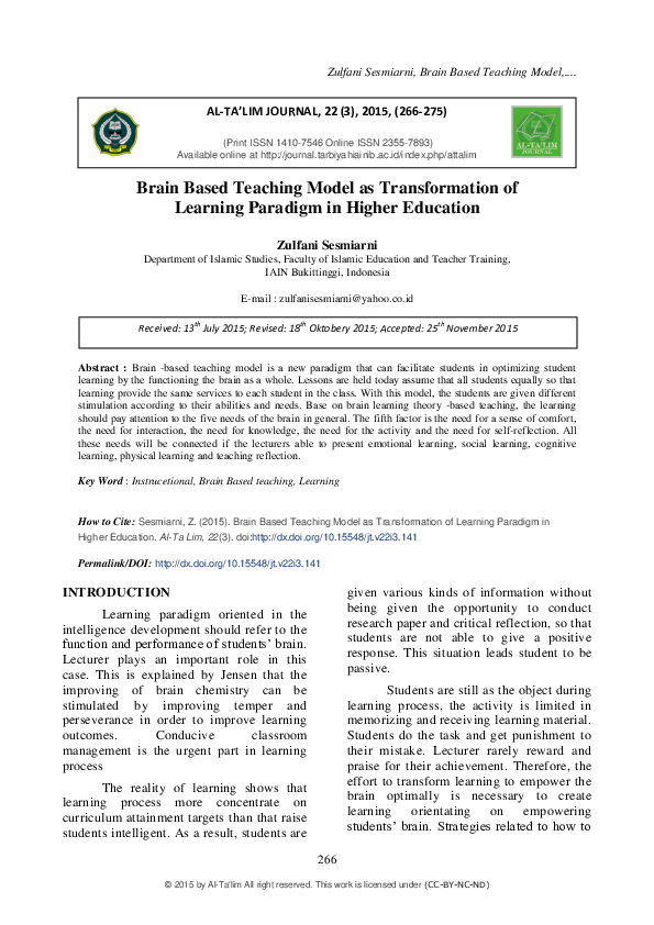 (PDF) Brain Based Teaching Model as Transformation of Learning Paradigm in Higher Education