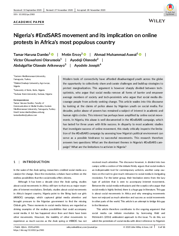 (PDF) Nigeria's # EndSARS movement and its implication on online ...