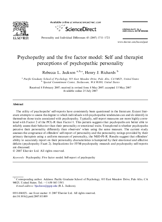 (PDF) Psychopathy and the five factor model: Self and therapist ...