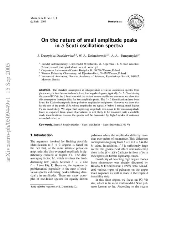 (PDF) On the nature of small amplitude peaks in $\delta$ Scuti ...