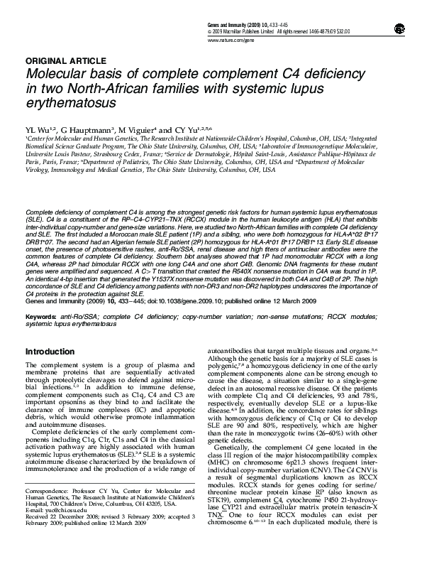 (PDF) Molecular basis of complete complement C4 deficiency in two North-African families with ...