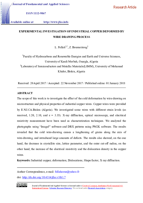 (PDF) Experimental investigation of industrial copper deformed by wire drawing process