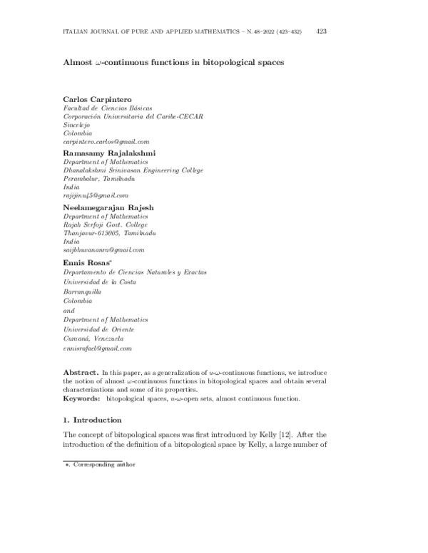 (PDF) Almost ω-continuous functions in bitopological spaces