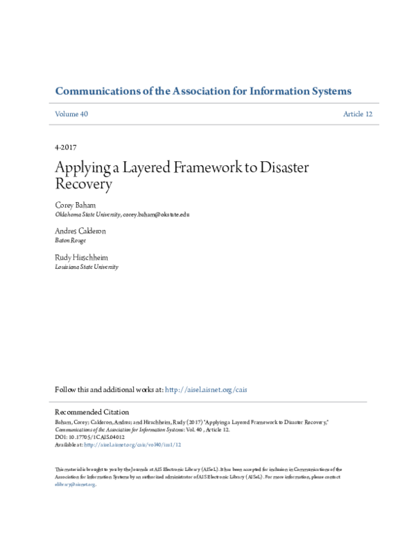 (PDF) Applying a Layered Framework to Disaster Recovery