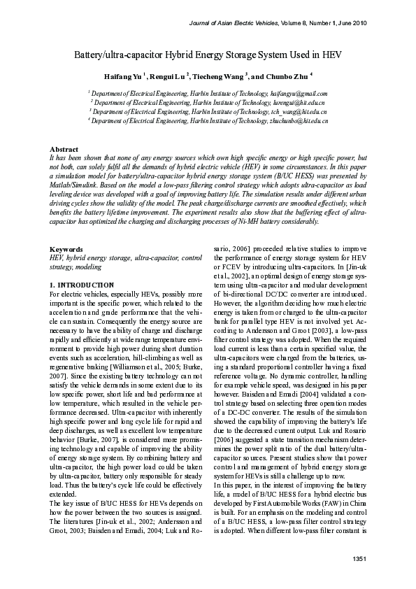 (PDF) Battery/ultra-capacitor Hybrid Energy Storage System Used in HEV