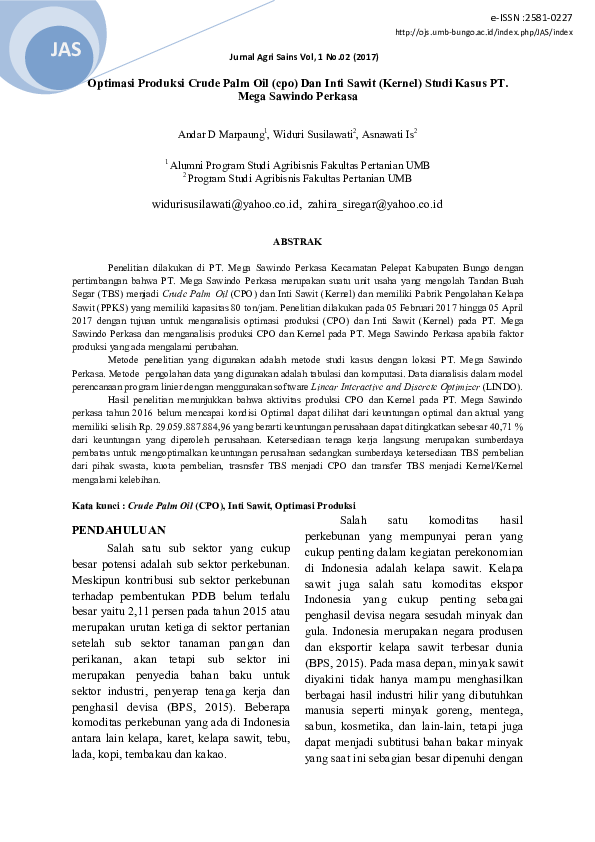 (PDF) Optimasi Produksi Crude Palm Oil (cpo) Dan Inti Sawit (Kernel ...