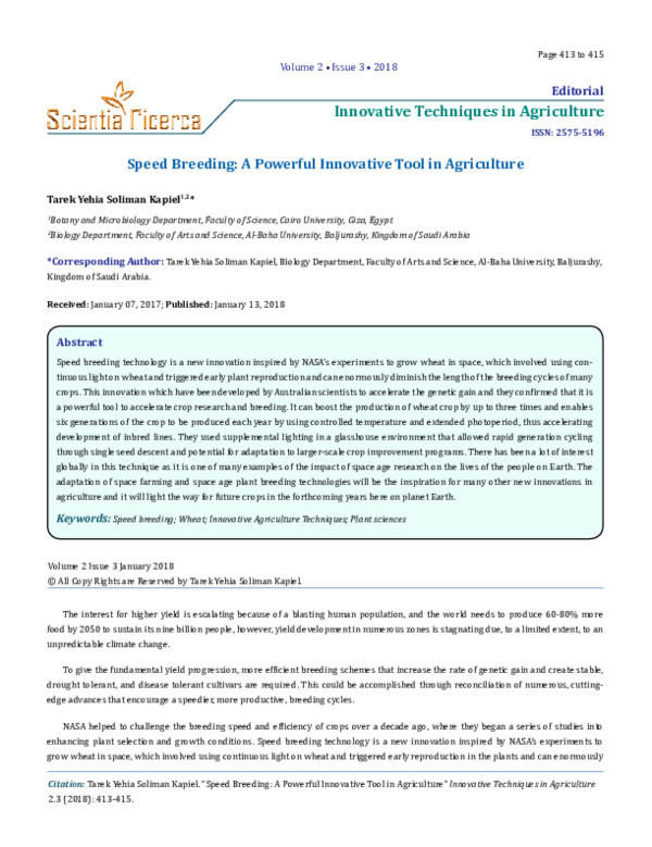 (PDF) Speed Breeding: A Powerful Innovative Tool in Agriculture