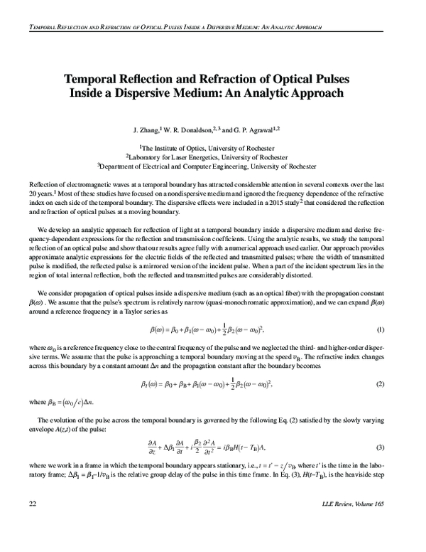 Pdf Temporal Reflection And Refraction Of Optical Pulses Inside A