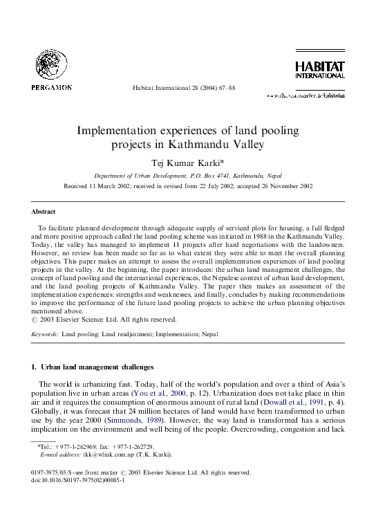 (PDF) Implementation experiences of land pooling projects in Kathmandu Valley