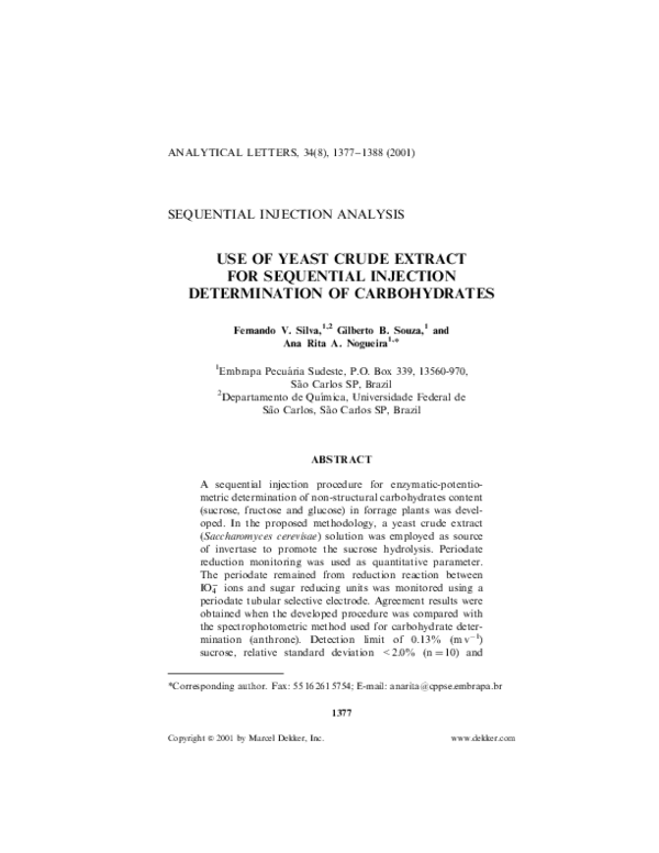 Pdf Use Of Yeast Crude Extract For Sequential Injection Determination Of Carbohydrates