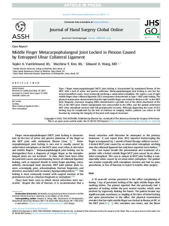 (PDF) Middle Finger Metacarpophalangeal Joint Locked in Flexion Caused ...
