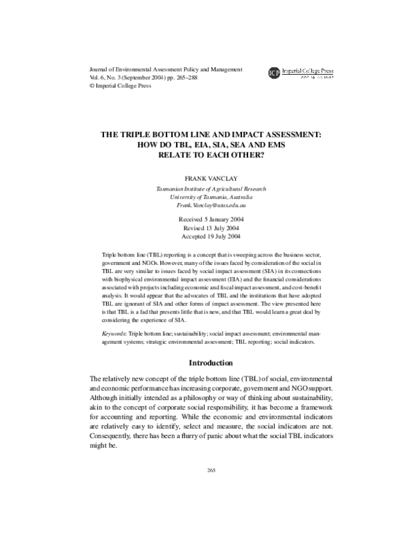 (PDF) The Triple Bottom Line and Impact Assessment: How Do TBL, Eia ...