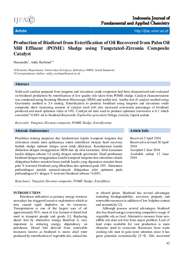 (PDF) Production of Biodiesel from Esterification of Oil Recovered from ...