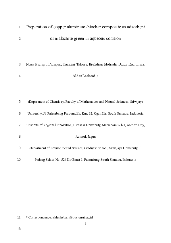 (PDF) Preparation of copper aluminum-biochar composite as adsorbent of malachite green in ...