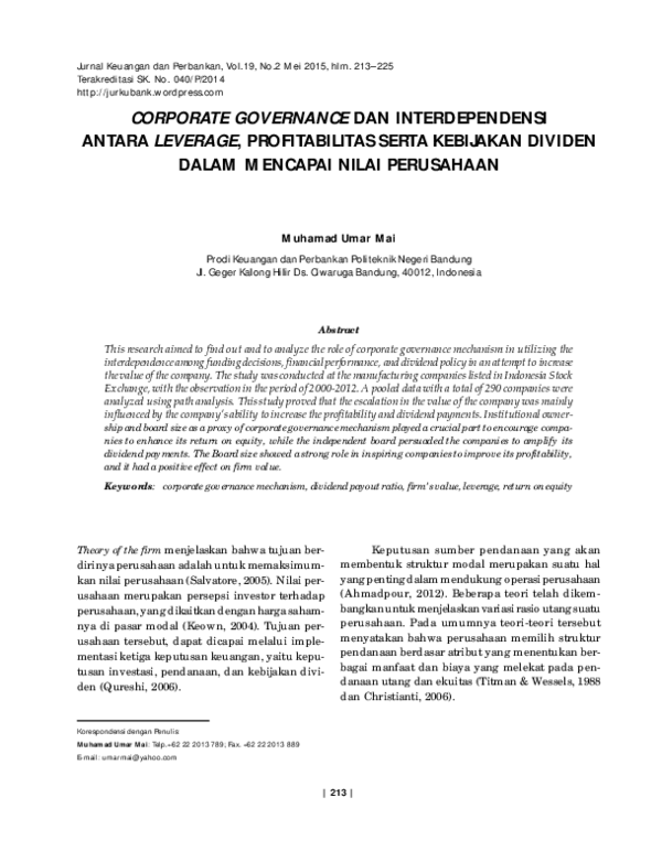 (PDF) Corporate Governance Dan Interdependensi Antara Leverage ...