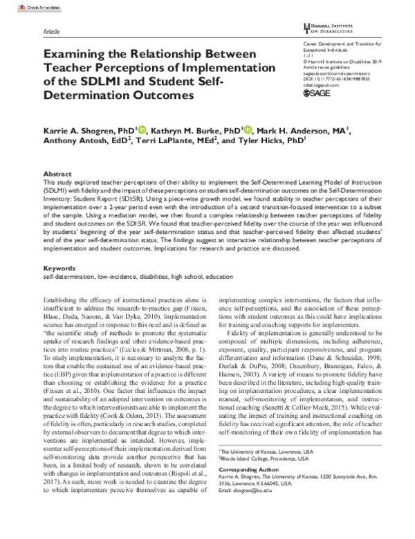 (PDF) Examining the Relationship Between Teacher Perceptions of Implementation of the SDLMI and ...