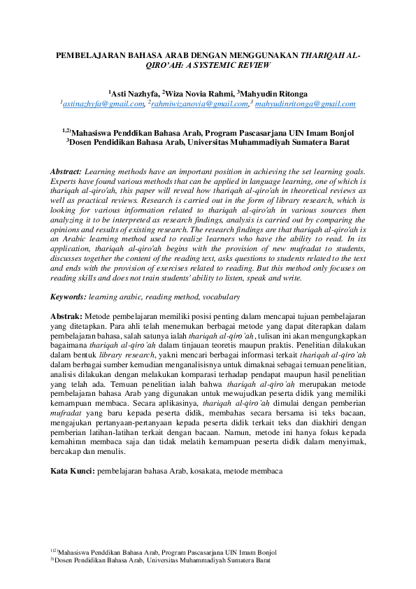 (PDF) Pembelajaran Bahasa Arab dengan Menggunakan Thariqah al-Qiro’ah: A Systemic Review