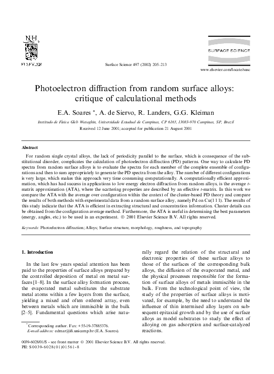 (PDF) Photoelectron diffraction from random surface alloys: critique of calculational methods