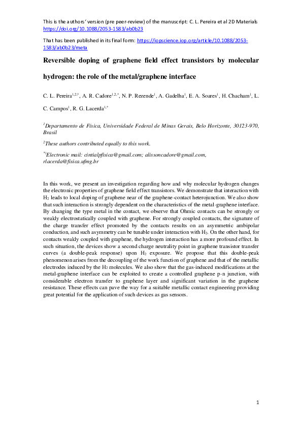(PDF) Reversible doping of graphene field effect transistors by molecular hydrogen: the role of ...