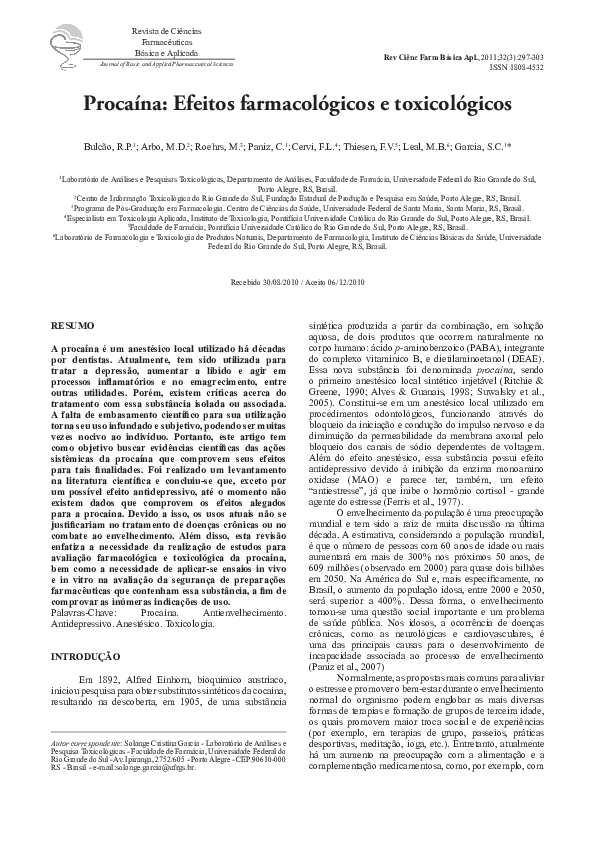 (PDF) Procaína: Efeitos farmacológicos e toxicológicos