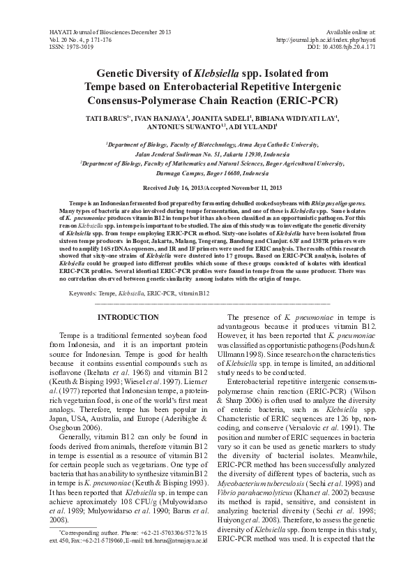 (PDF) Genetic Diversity of Klebsiella spp. Isolated from Tempe based on ...