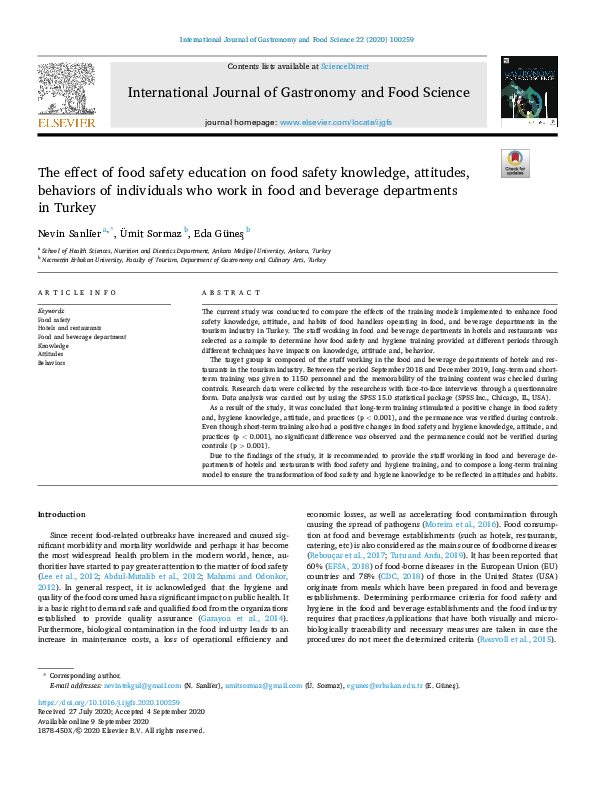 (PDF) The effect of food safety education on food safety knowledge ...