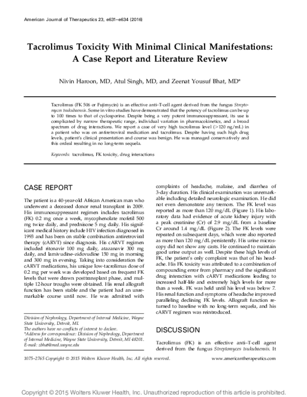 (PDF) Tacrolimus Toxicity With Minimal Clinical Manifestations