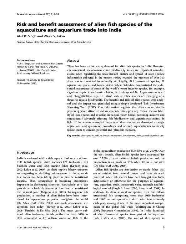 (PDF) Risk and benefit assessment of alien fish species of the ...