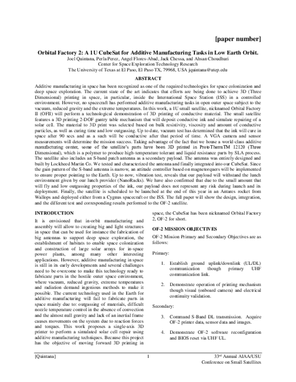(PDF) Orbital Factory 2: A 1U CubeSat for Additive Manufacturing Tasks ...