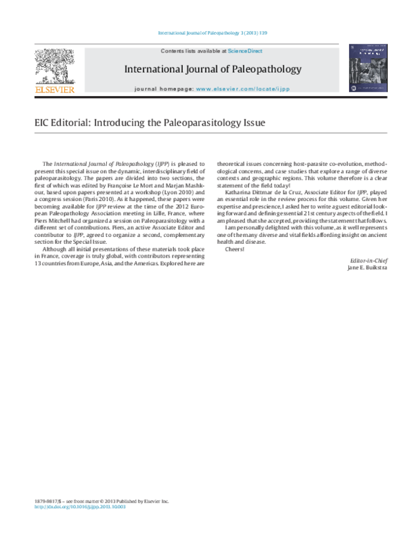 (PDF) EIC Editorial: Introducing the Paleoparasitology Issue | Jane Buikstra - Academia.edu