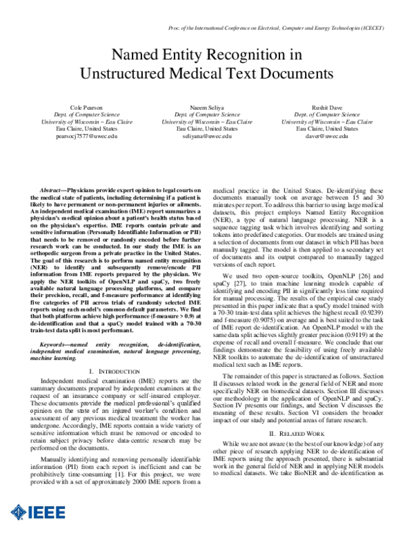 Pdf Named Entity Recognition In Unstructured Medical Text Documents