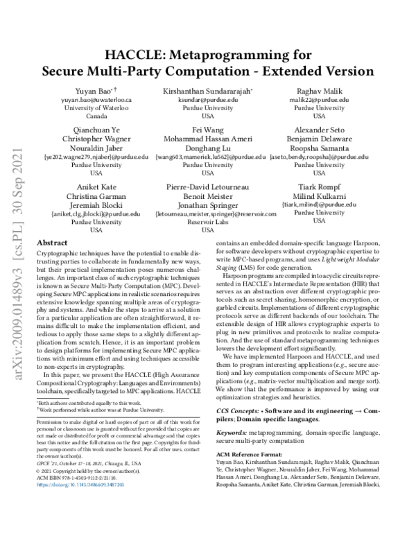 Pdf Haccle An Ecosystem For Building Secure Multi Party Computations Yuyan Bao And