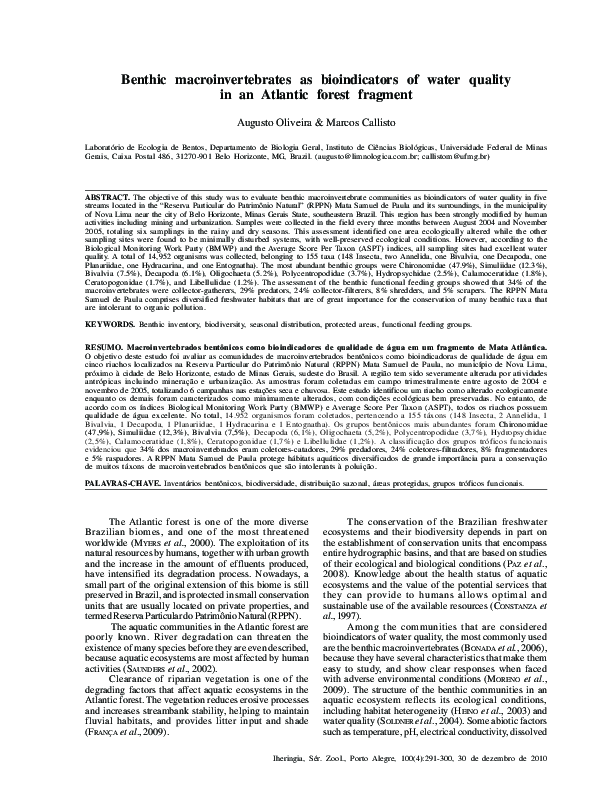 (PDF) Benthic macroinvertebrates as bioindicators of water quality in ...