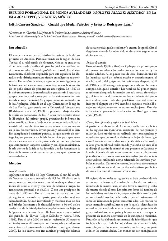 (PDF) Estudio Poblacional De Monos Aulladores (Alouatta Palliata ...