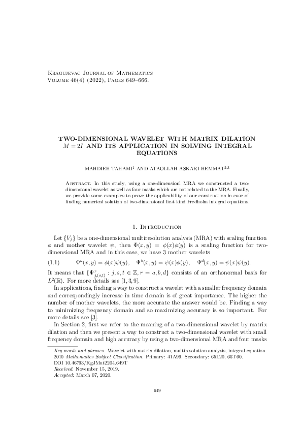 Pdf Two Dimensional Wavelet With Matrix Dilation M 2i And Its Application In Solving