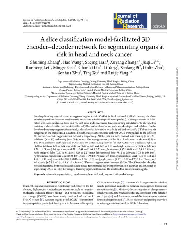 Pdf A Slice Classification Model Facilitated 3d Encoder Decoder Network For Segmenting Organs
