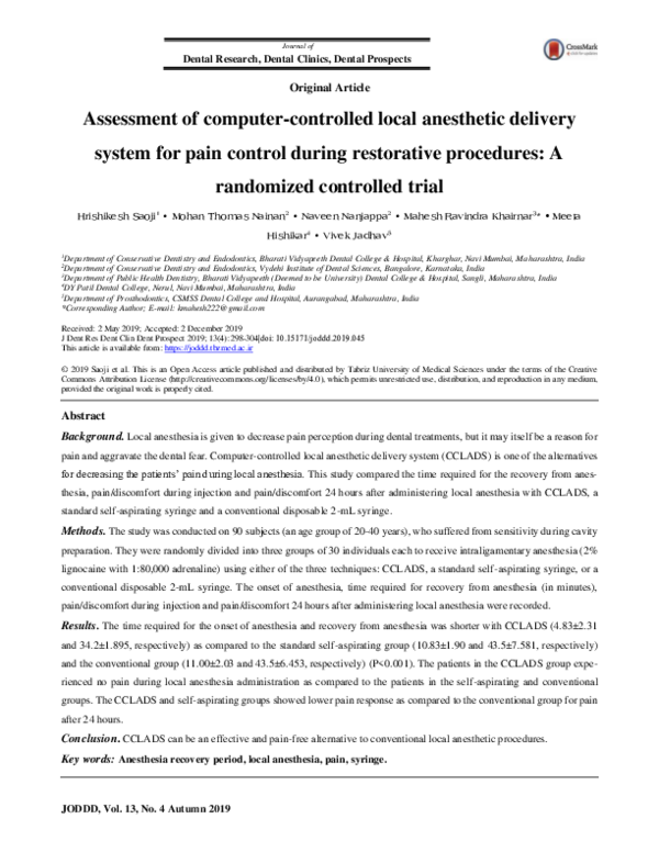 (PDF) Assessment of computer-controlled local anesthetic delivery system for pain control during ...