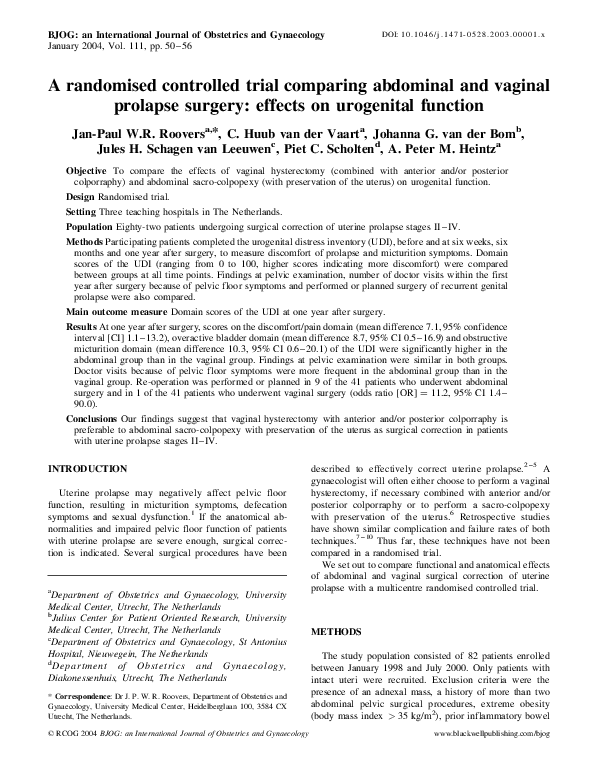 (PDF) A randomised controlled trial comparing abdominal and vaginal prolapse surgery: effects on ...