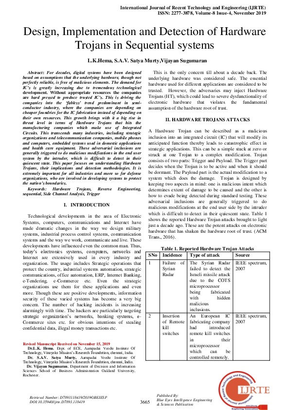 Pdf Design Implementation And Detection Of Hardware Trojans In