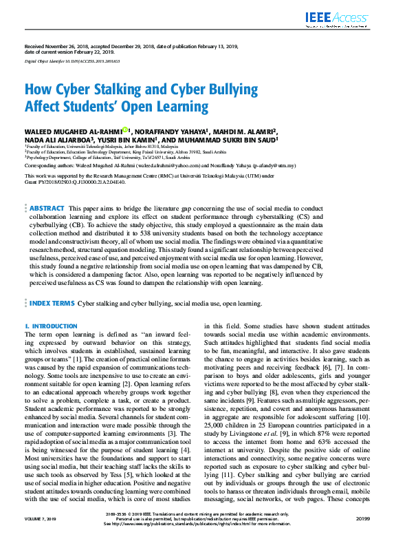 (PDF) How Cyber Stalking and Cyber Bullying Affect Students’ Open Learning